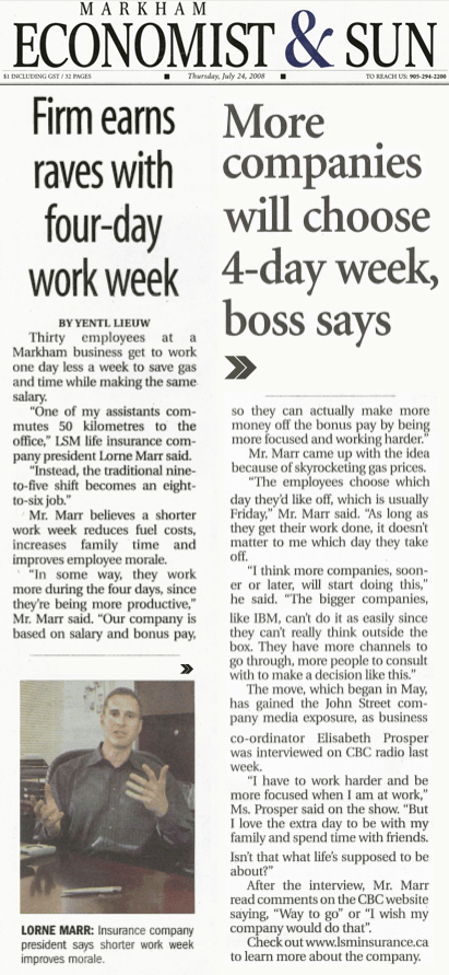 4 Day Work Week On Front Page Of Markham Economist Life Insurance Canada